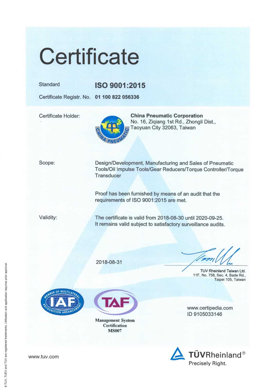 ISO 9001:2015 Certification - China Pneumatic Corporation (Taiwan ...